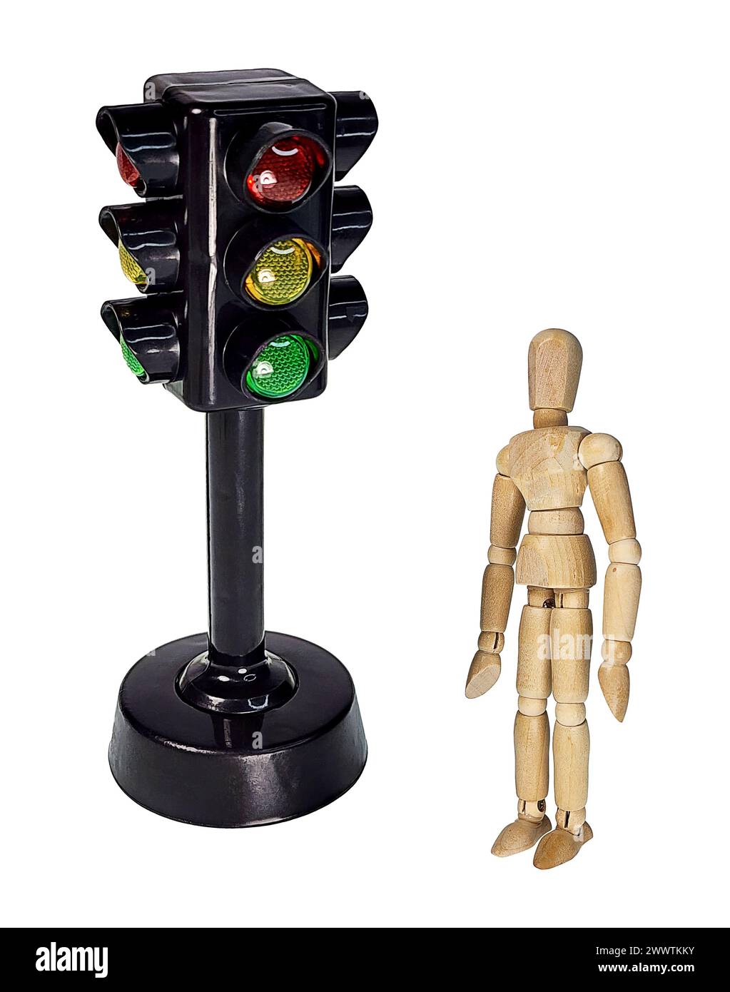 Standing at a Traffic light with red, yellow and green lights viewed ...