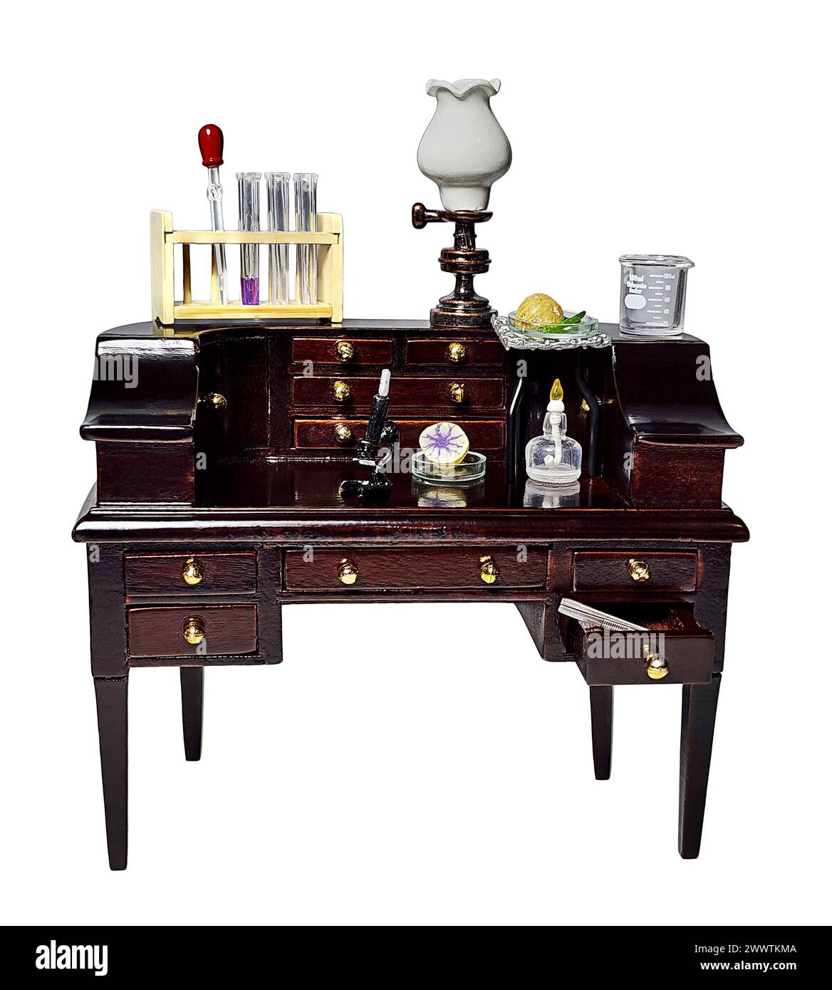 Vintage laboratory equipment on an antique desk Stock Photo - Alamy