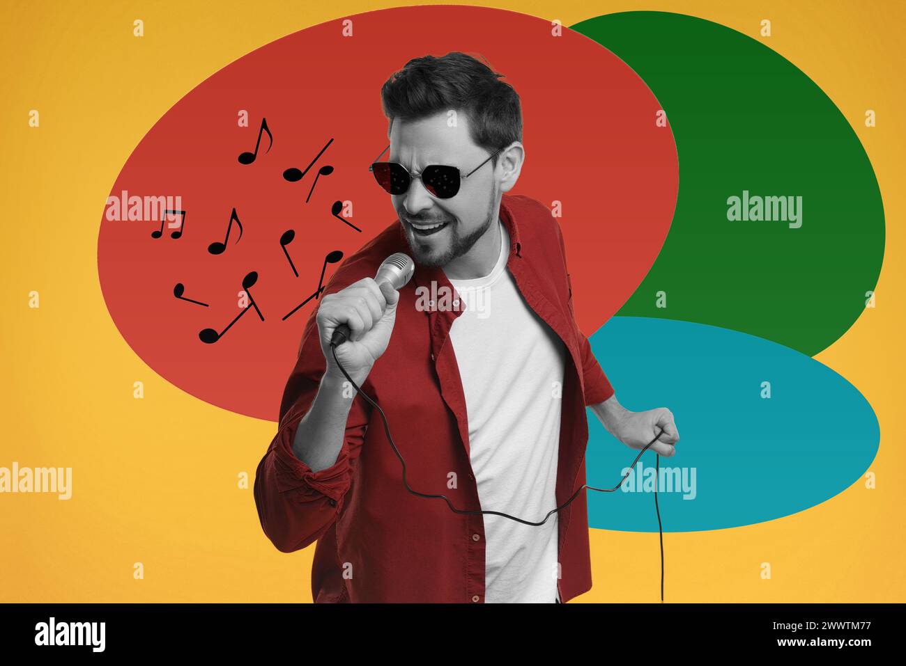 Singer's performance poster. Man with microphone on bright background ...