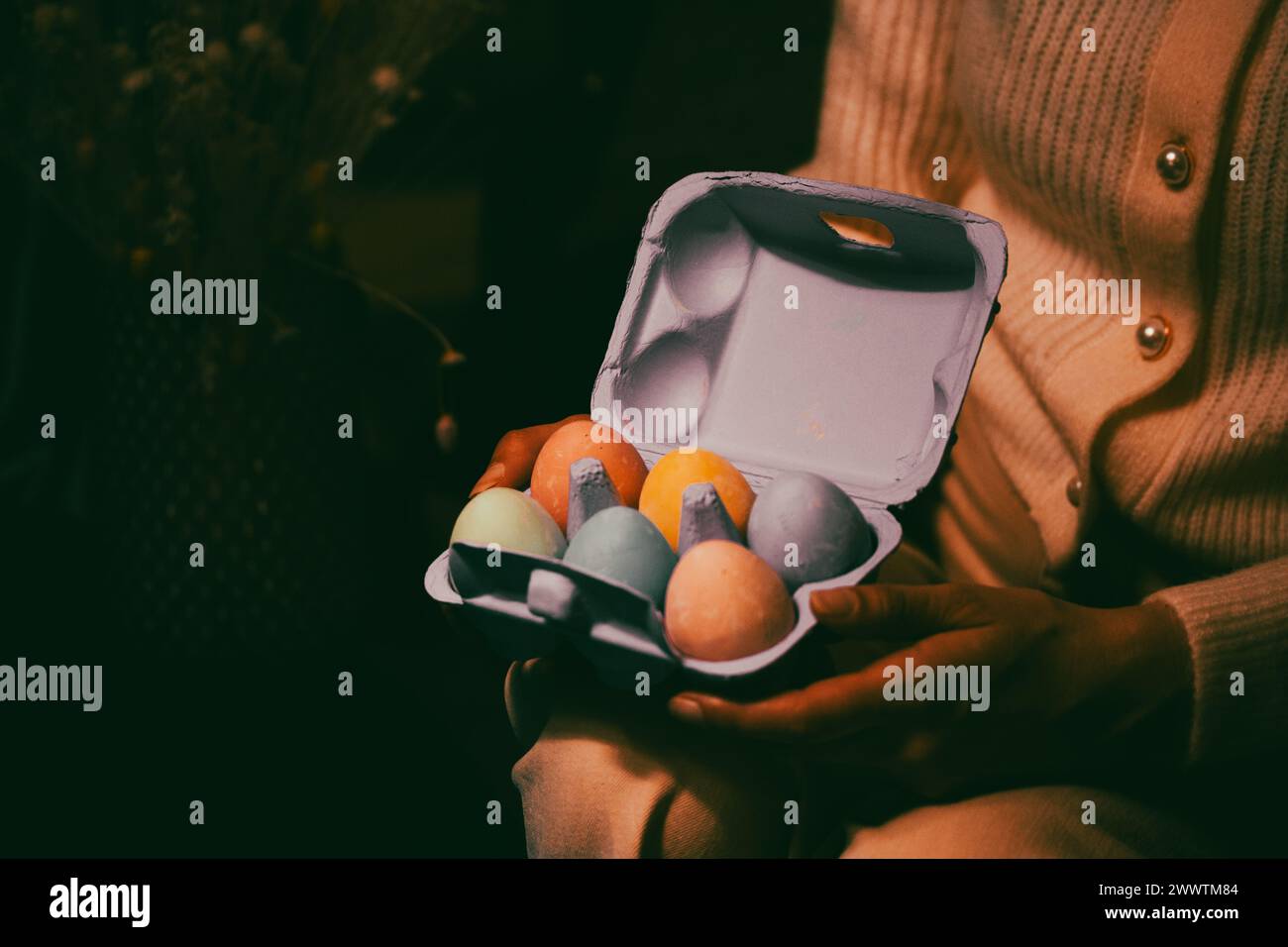 Collection of beautifully painted Easter eggs nestled in a violet box ...