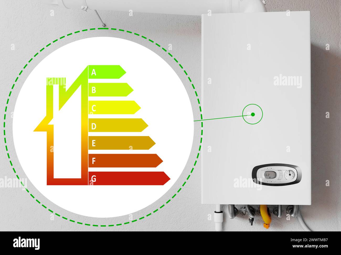Energy efficiency chart and gas boiler indoors Stock Photo - Alamy