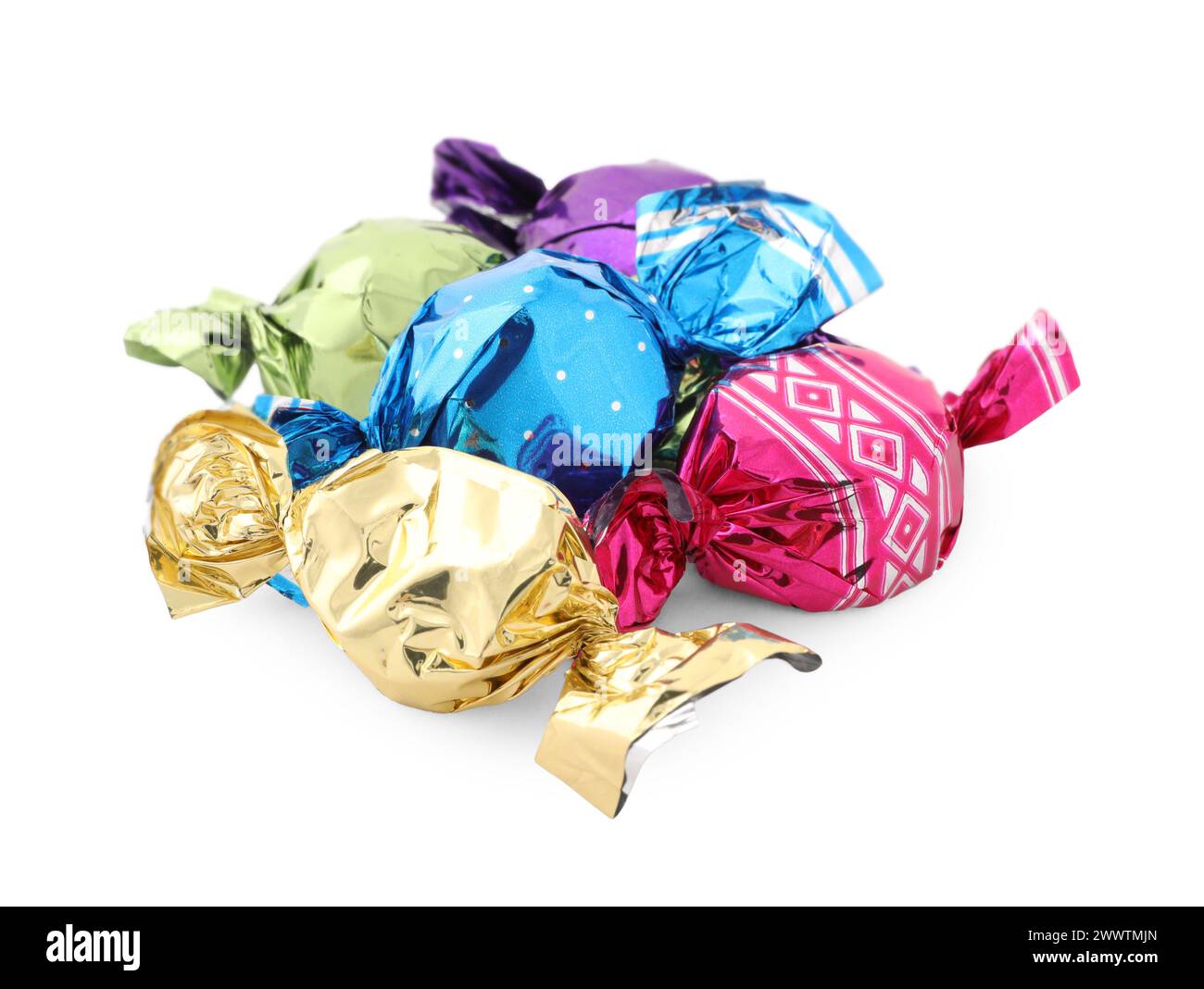 Pile of sweet candies in colorful wrappers on white background Stock ...