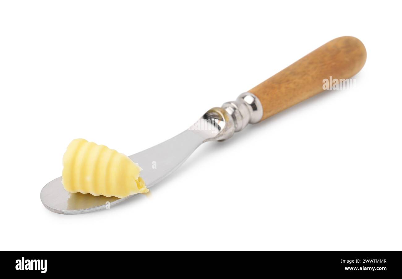 Butter curl and knife isolated on white Stock Photo - Alamy