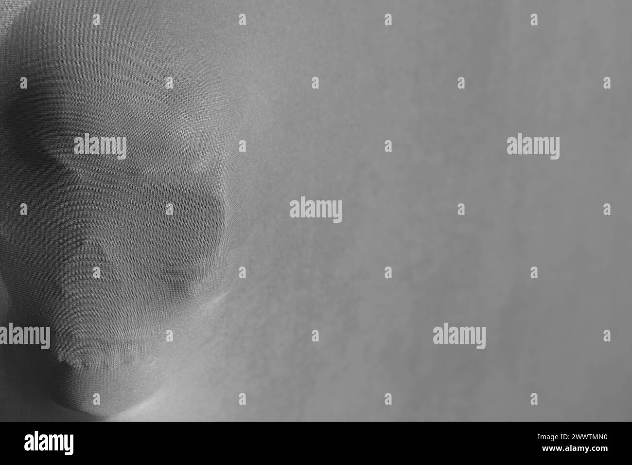 Silhouette of creepy ghost with skull behind cloth, space for text ...