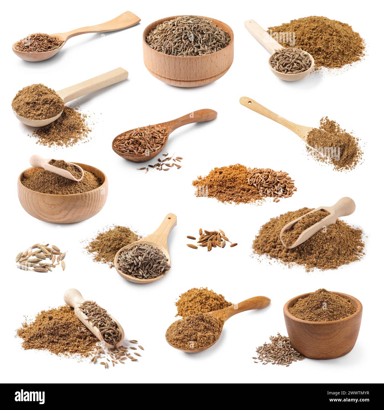 Aromatic caraway (Persian cumin) seeds and powder isolated on white ...