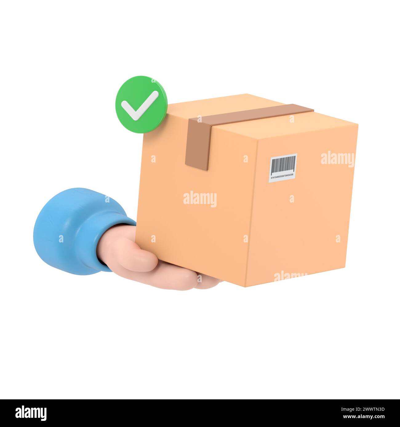3D Hand holding parcel with check mark. Delivery of order in cardboard ...