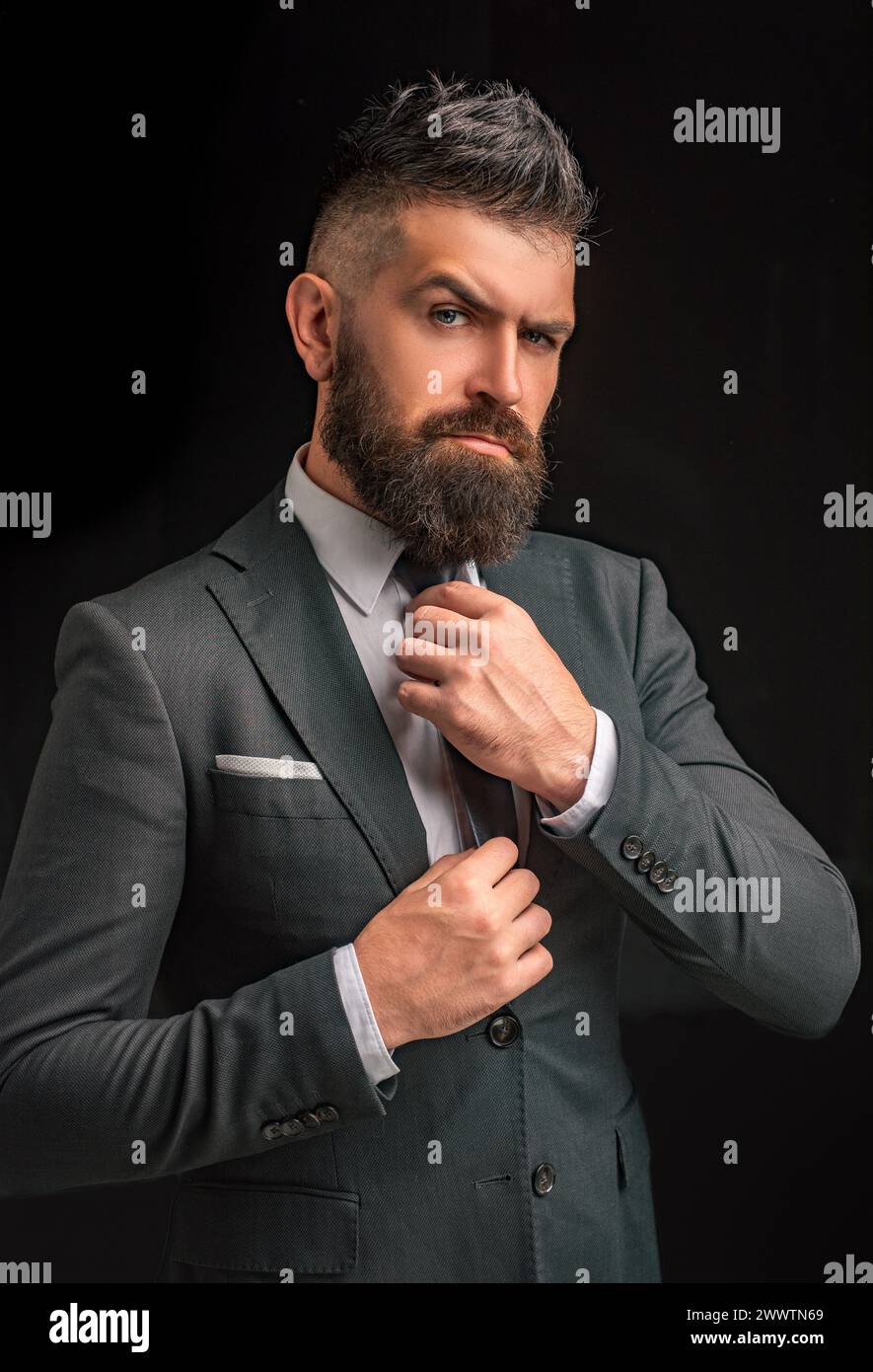 Bow-tie fashion. Bearded man in dark grey suit. Man in classic suit ...