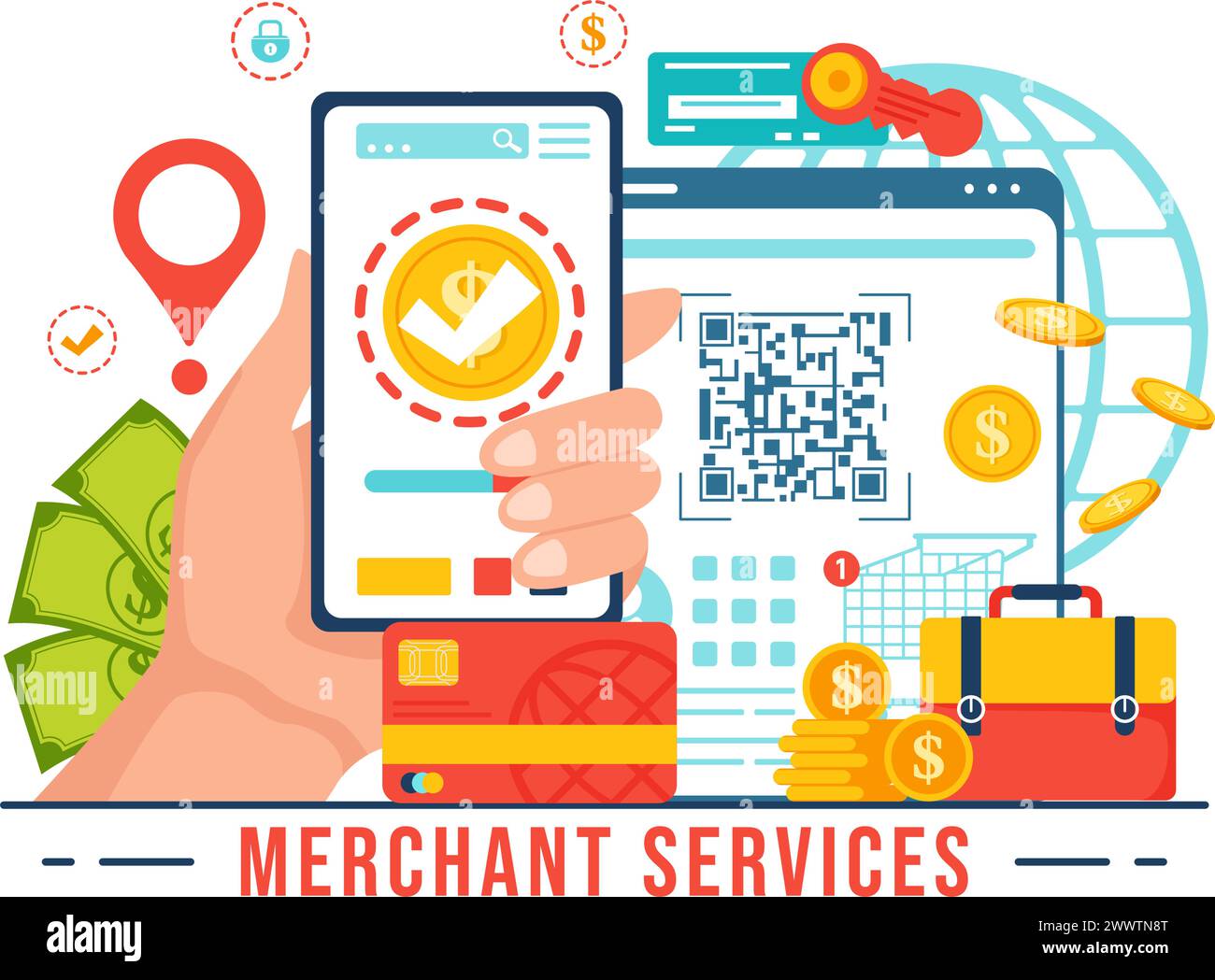 Merchant Service Vector Illustration of Digital Marketing Strategy with ...