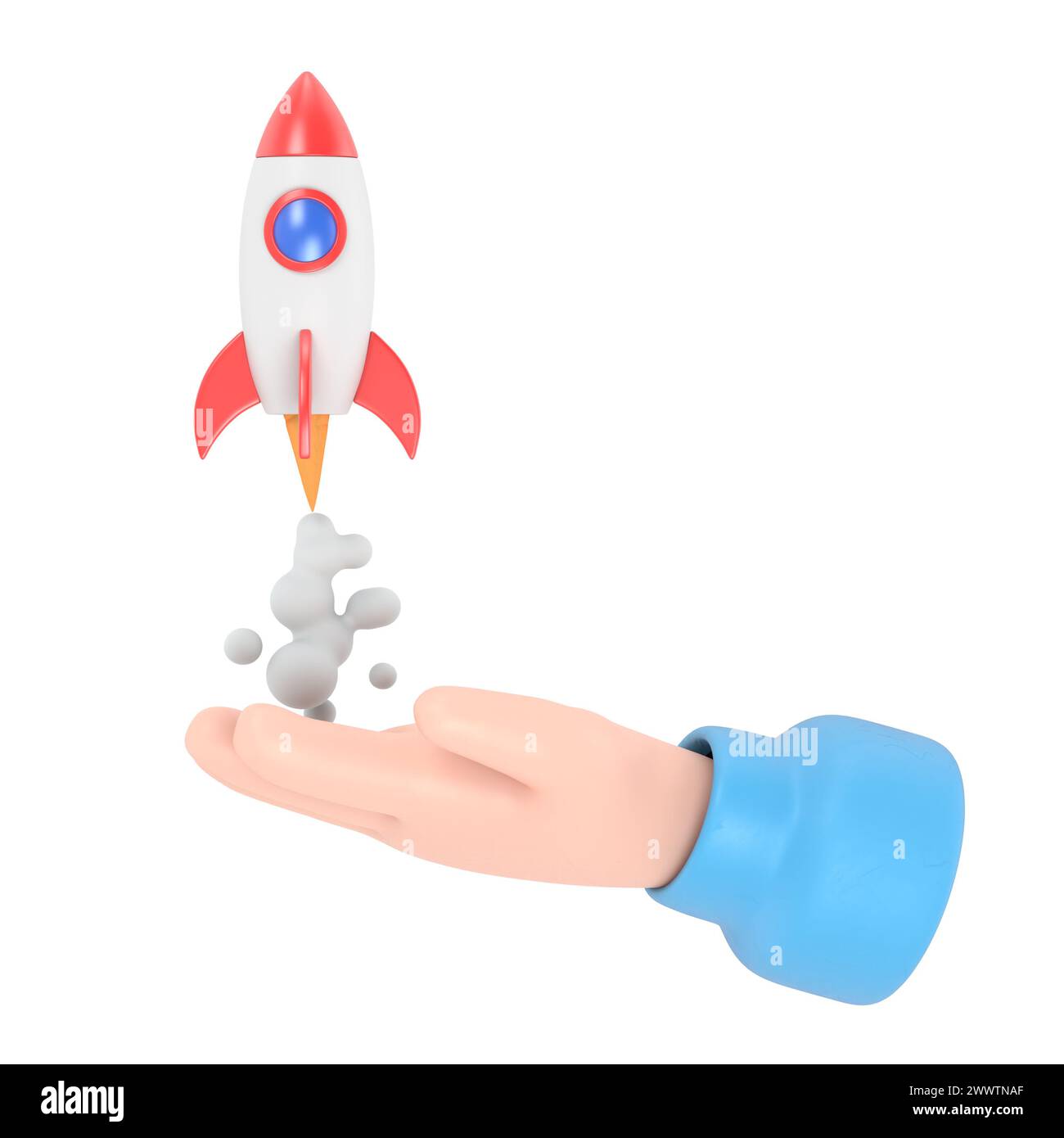 Cartoon hand holding rocket icon that takes off launch on blue ...
