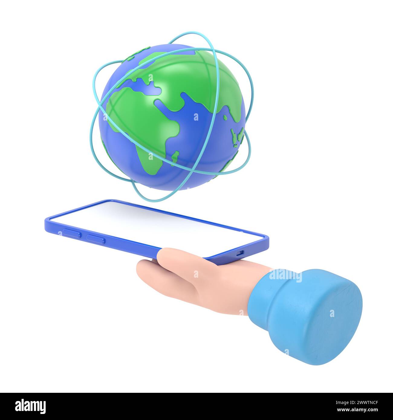 Flat 3d isometric businessman hand holding smartphone with world and global network. internet ...
