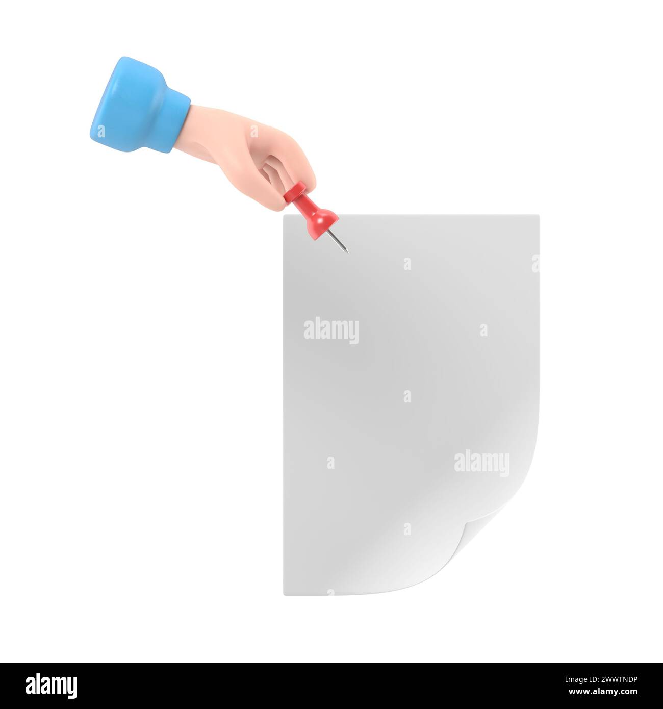 Paper push pins. Thumbtack in hand man. Empty white sheet. 3D ...