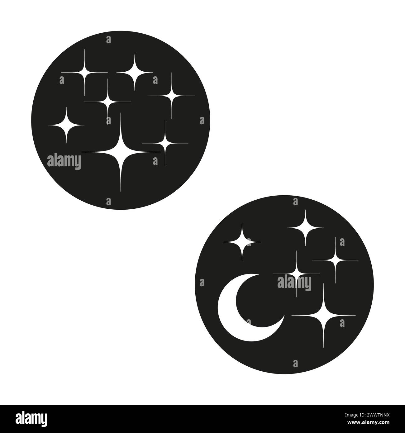 Two round icons featuring stars and a crescent moon. Vector ...
