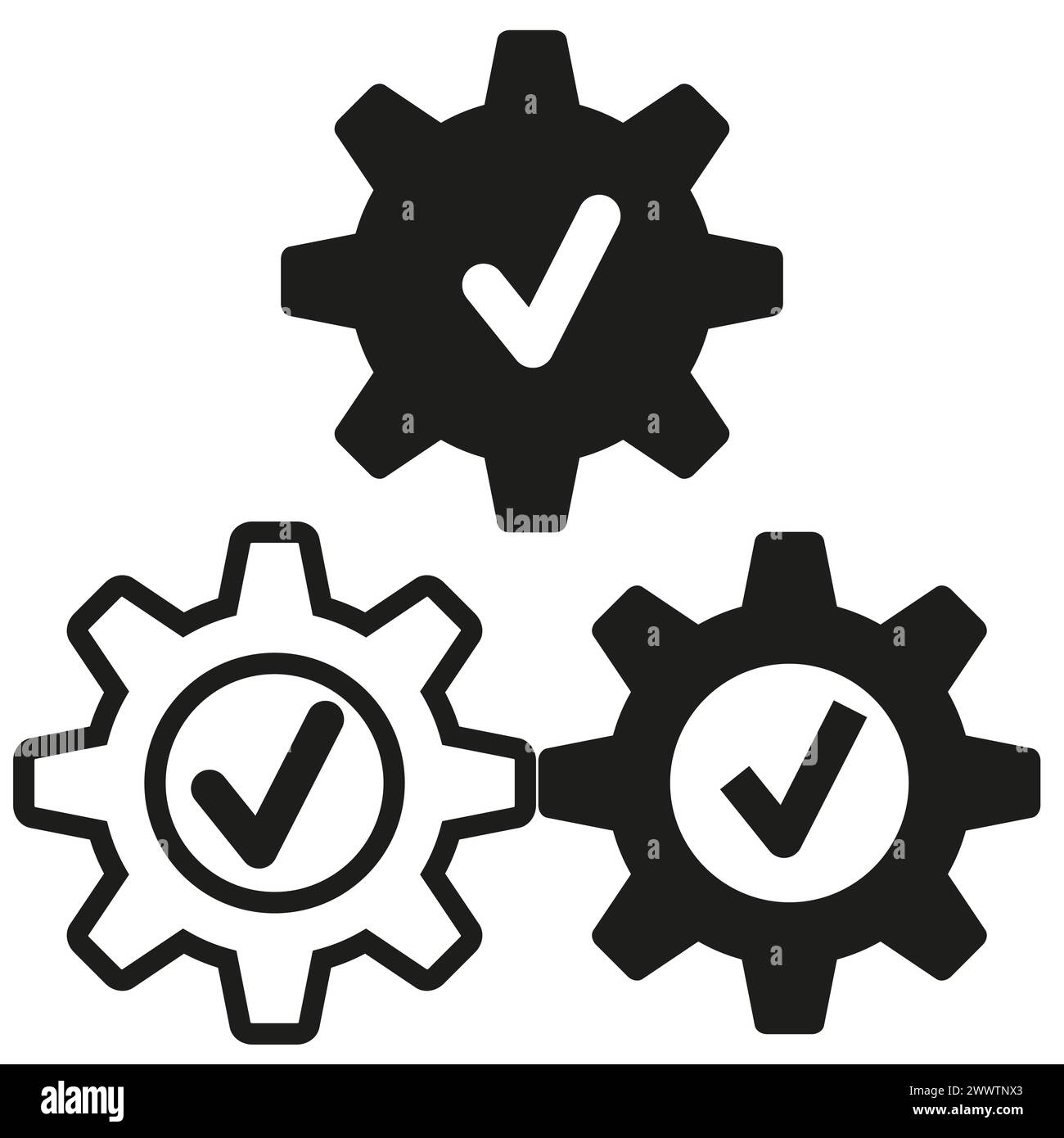 Approved quality gears set. Checkmark in cog icon. Validation process ...