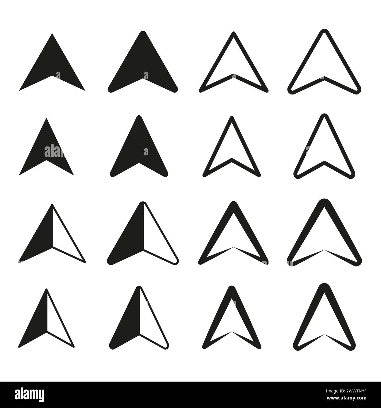 Assorted triangle icons collection. Navigation arrows set. Directional pointers variety. Vector ...