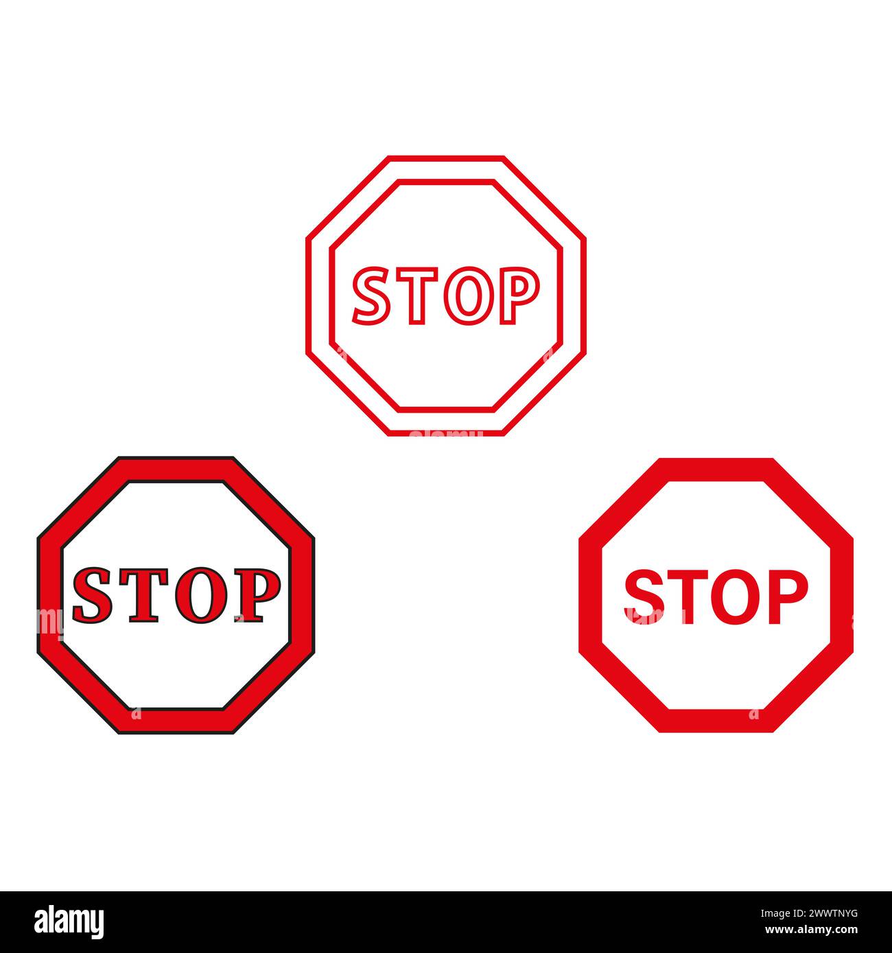 Stop signs set. Red octagonal traffic symbols. Warning stop signs ...