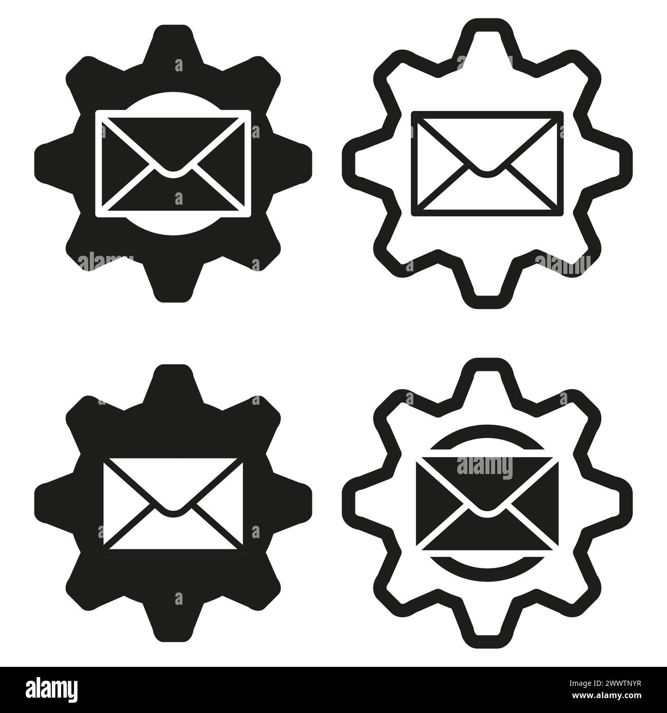 Email settings gear icons set. Communication configuration symbols ... Email settings gear icons set. Communication configuration symbols ...