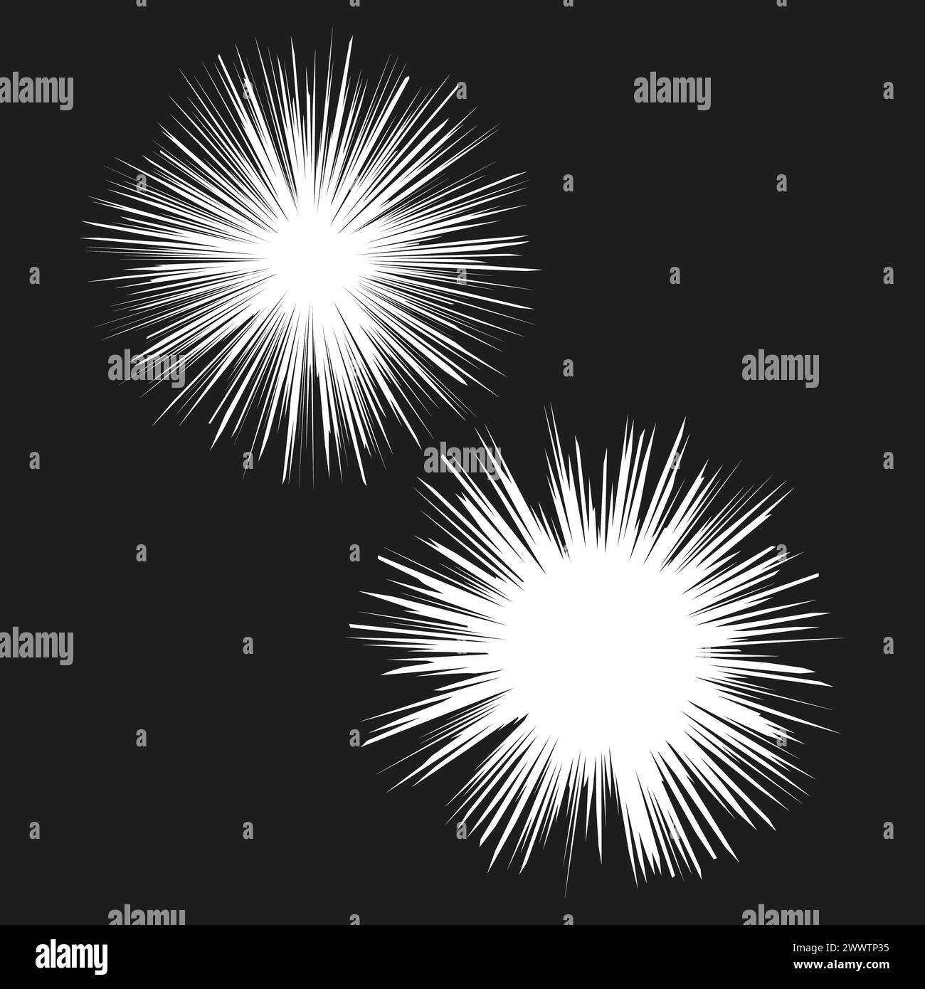 Two white starbursts on black. Radiant energy illustration. Vector ...