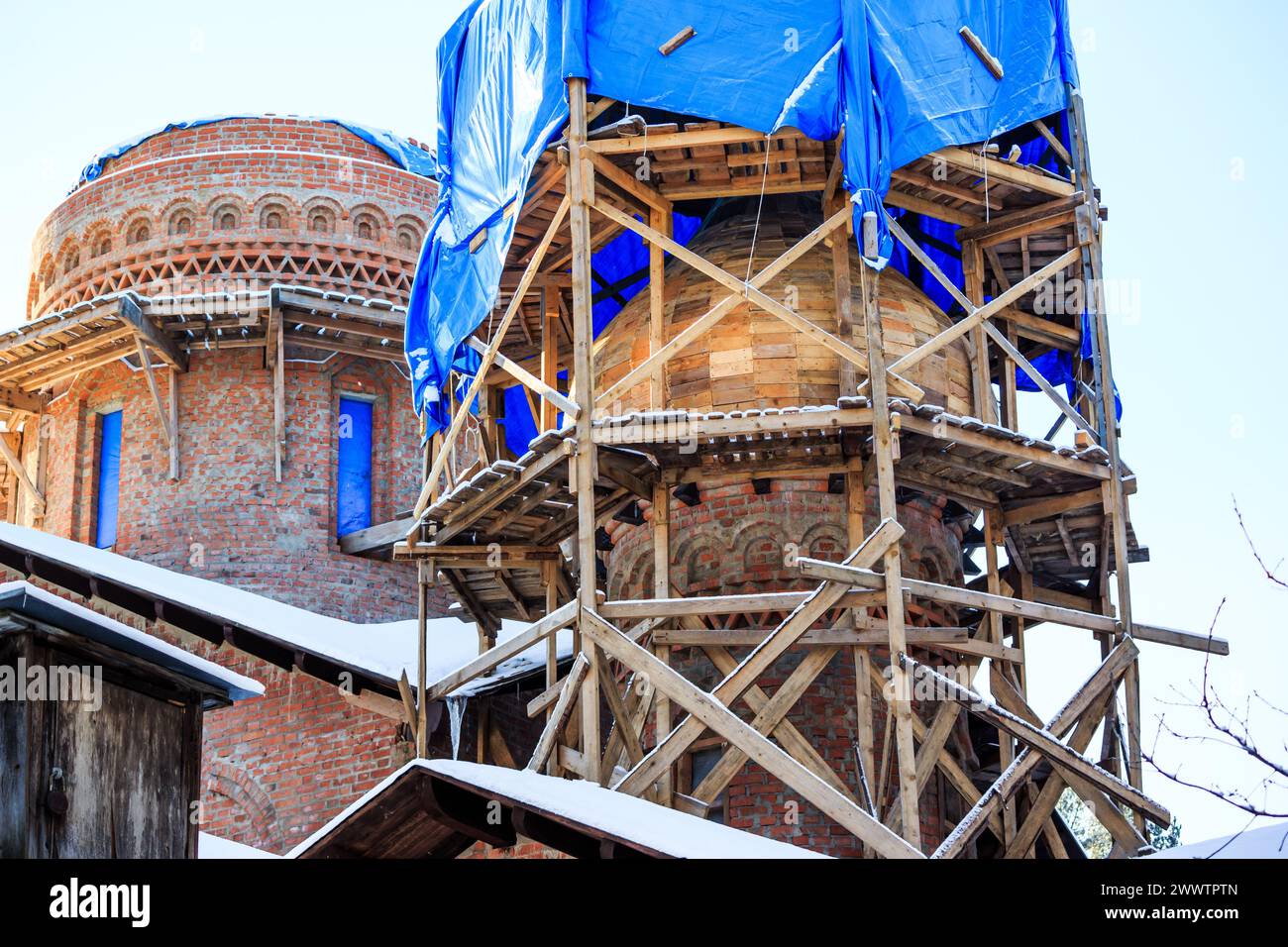 Wooden scaffolding around the dome of the Russian Orthodox Church under ...