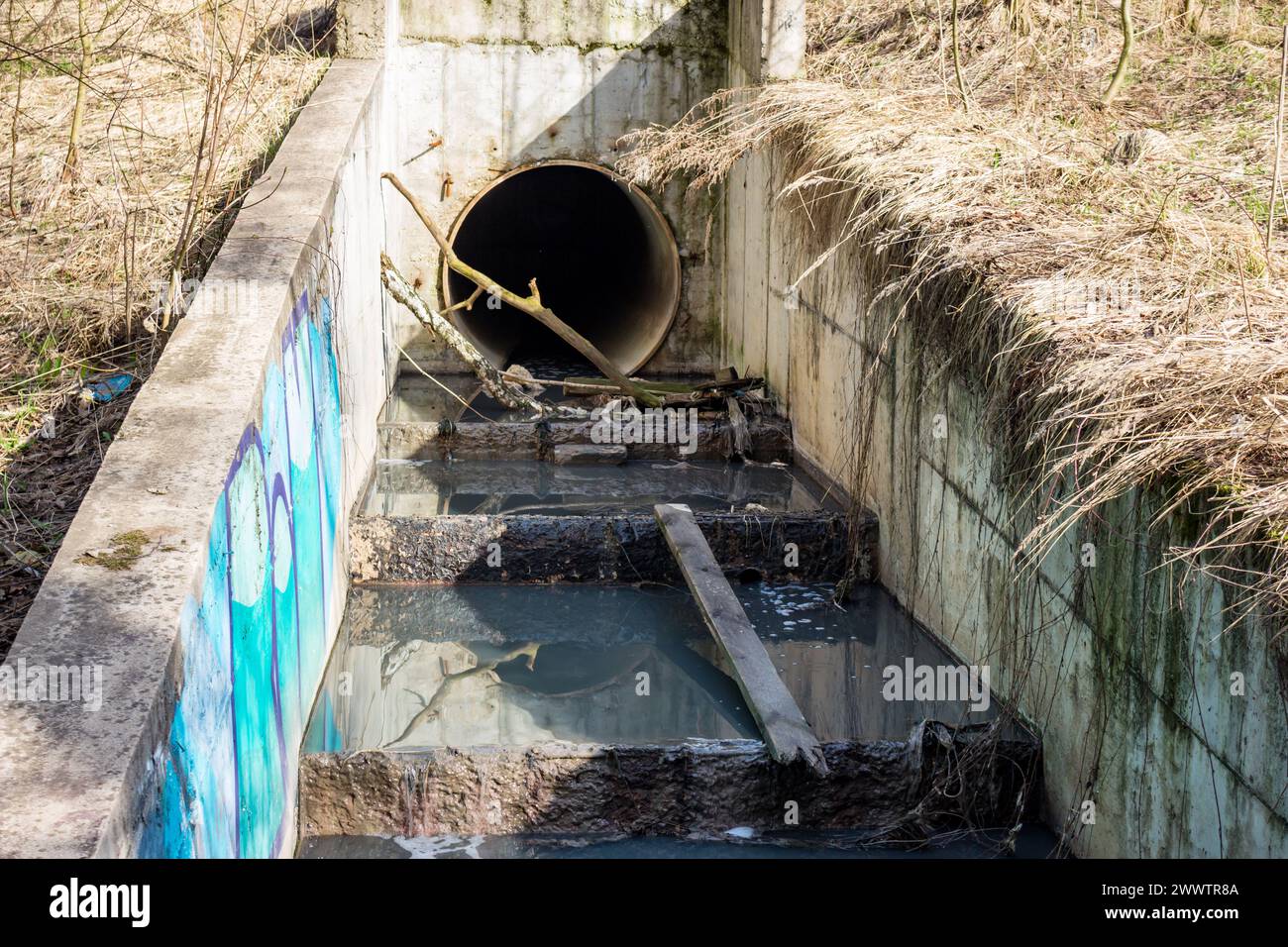 Storm drain coming out with muddy slurry flowing out Stock Photo - Alamy