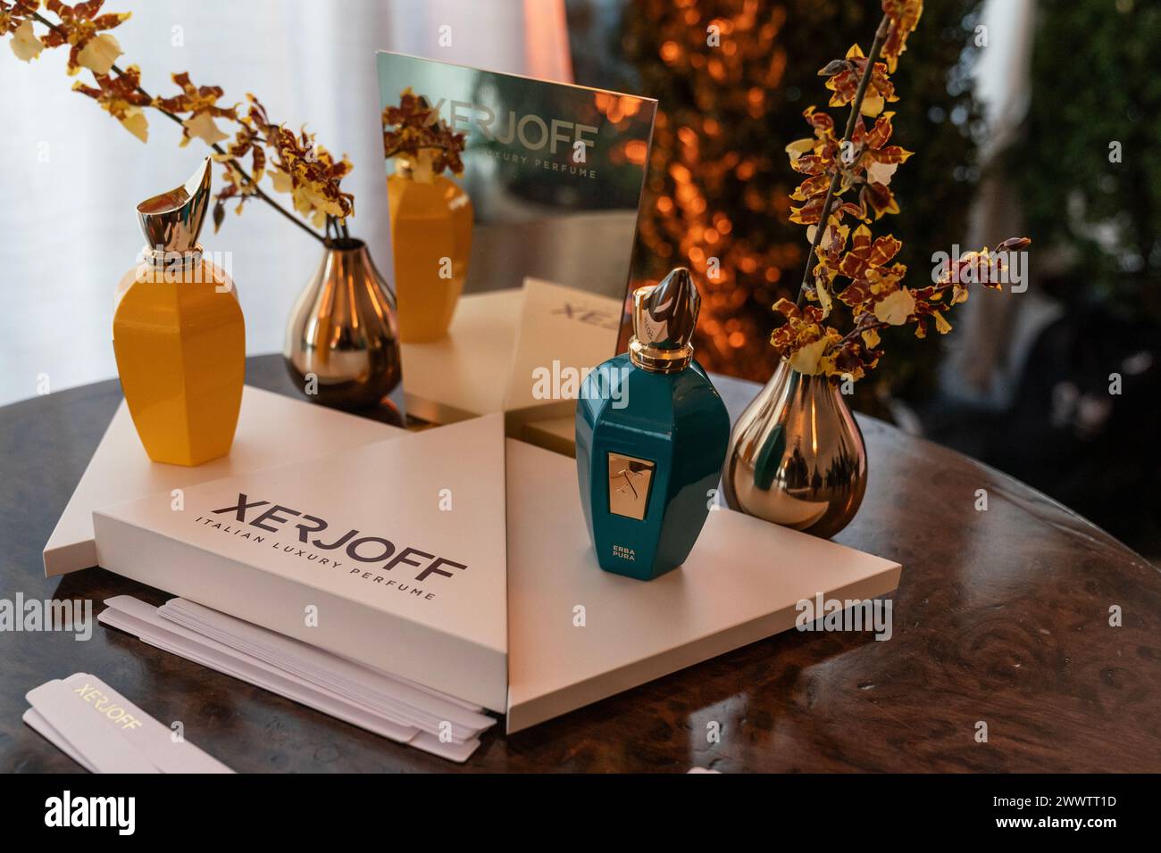 Bottles of perfume on display during Xerjoff Perfume Collection Launch ...