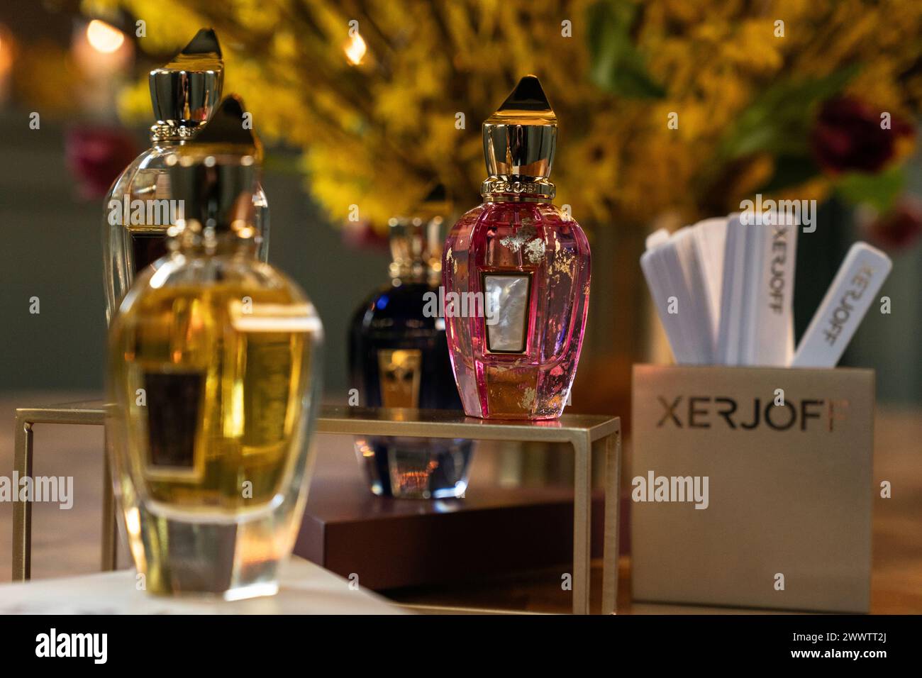 Bottles of perfume on display during Xerjoff Perfume Collection Launch ...