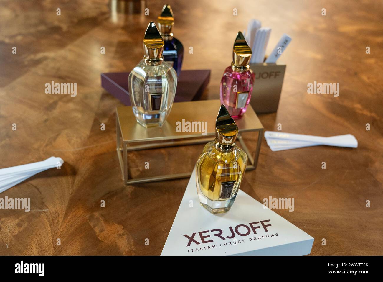 Bottles of perfume on display during Xerjoff Perfume Collection Launch ...