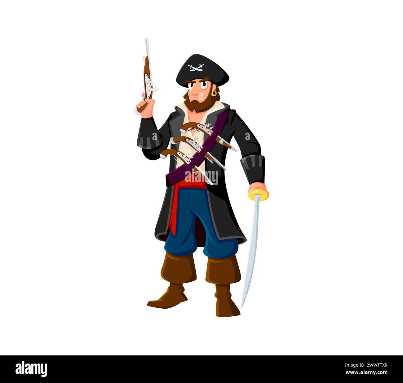 Cartoon sailor and skipper pirate character boatswain and captain corsair or filibuster. with ...