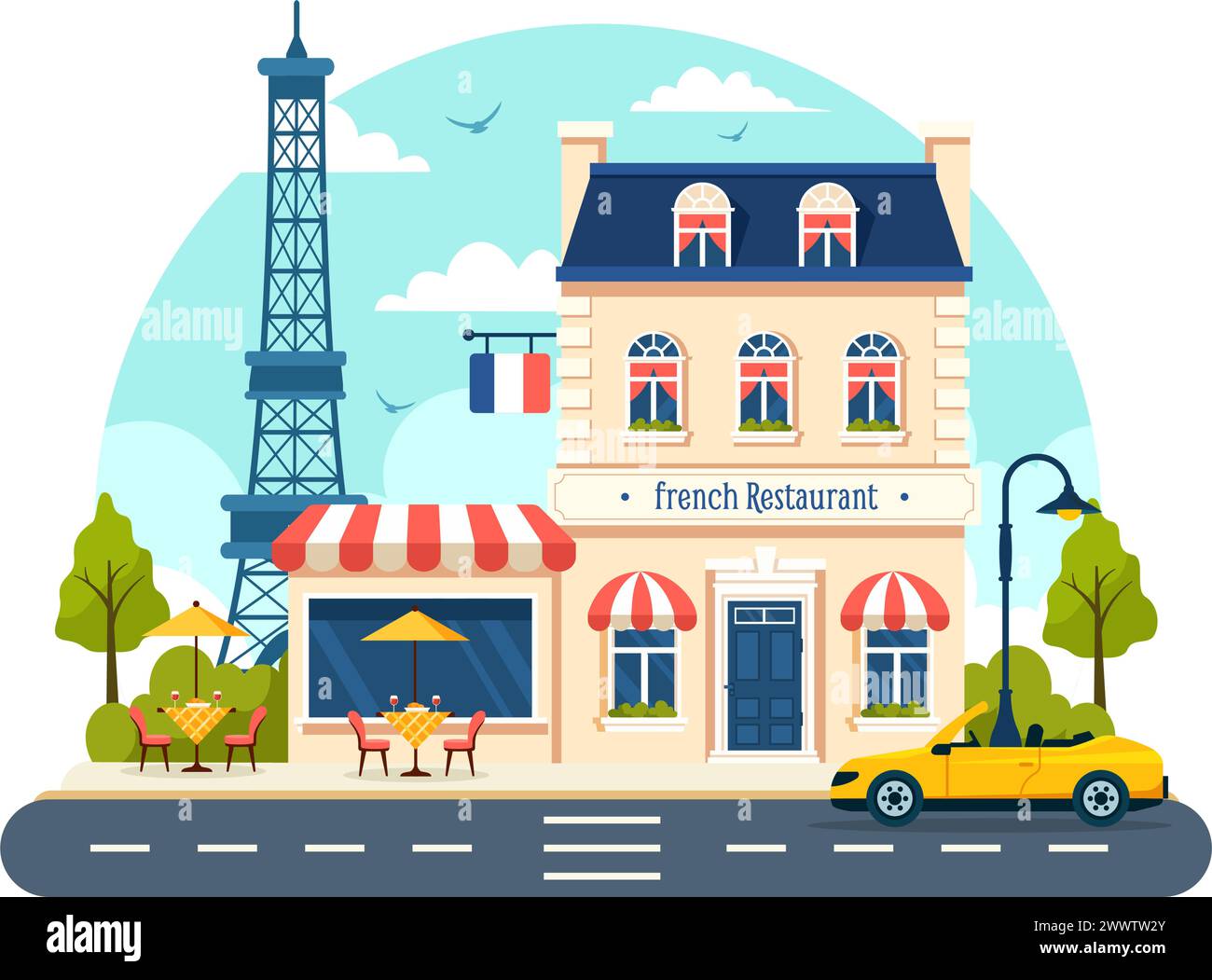 French Cuisine Restaurant Vector Illustration with Various Traditional ...