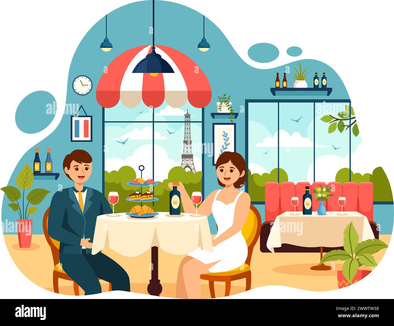 French Cuisine Restaurant Vector Illustration with Various Traditional ...