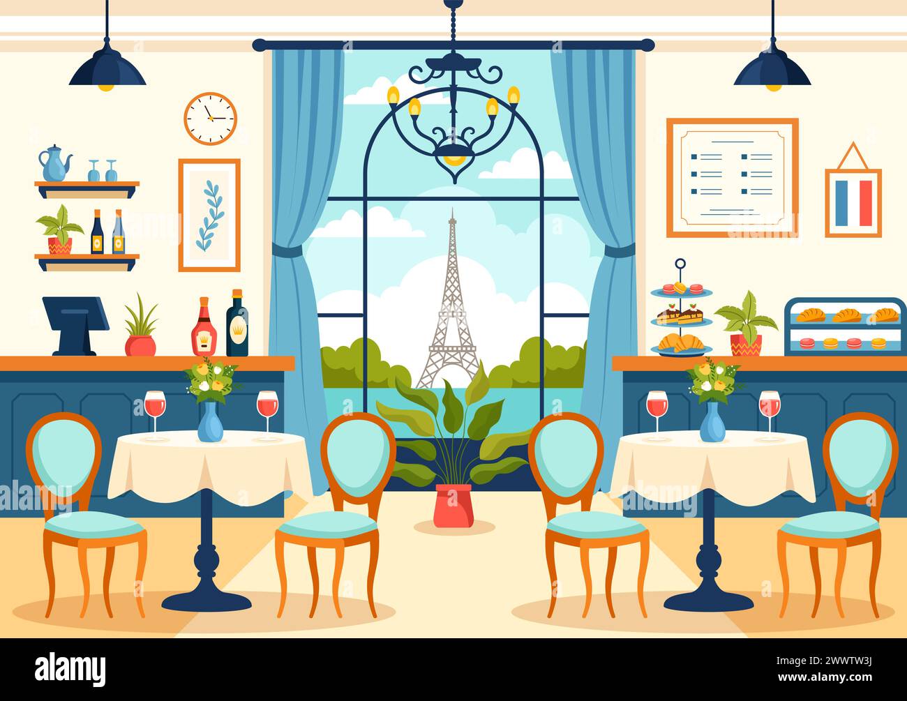 French Cuisine Restaurant Vector Illustration with Various Traditional ...