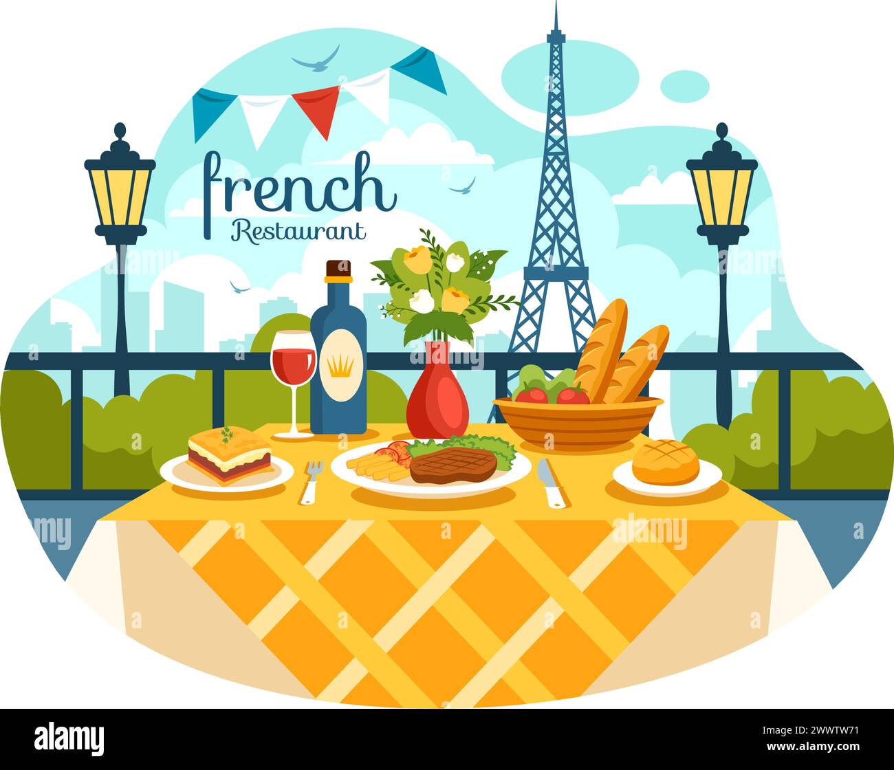 French Cuisine Restaurant Vector Illustration with Various Traditional ...
