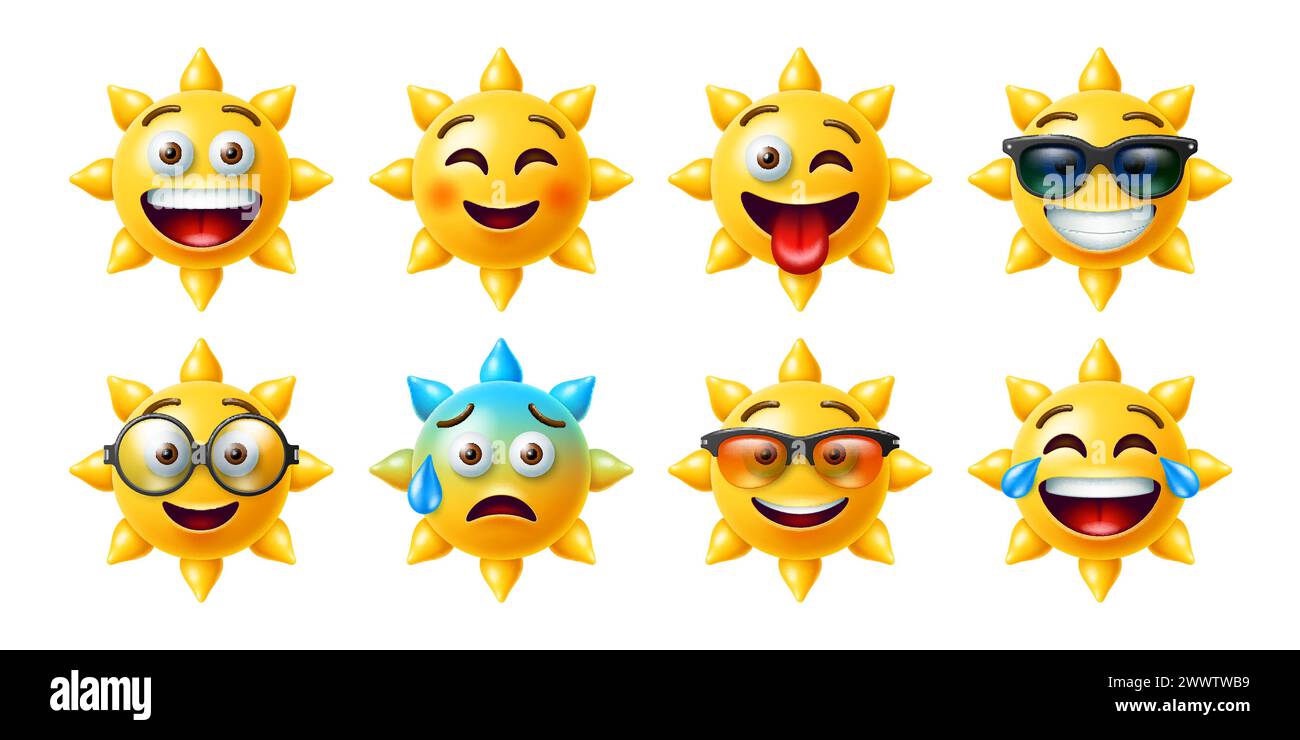 3d sun emoji, cool and cute yellow sunny characters expressing emotions ...