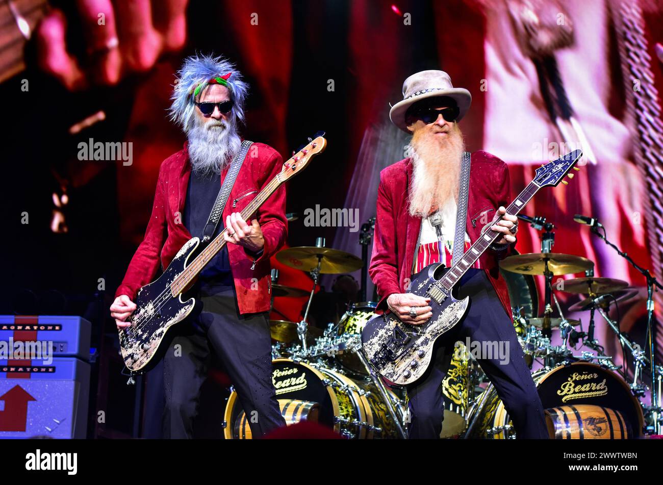 Billy Gibbons and Elwood Francis of ZZ Top performing on stage at the ...