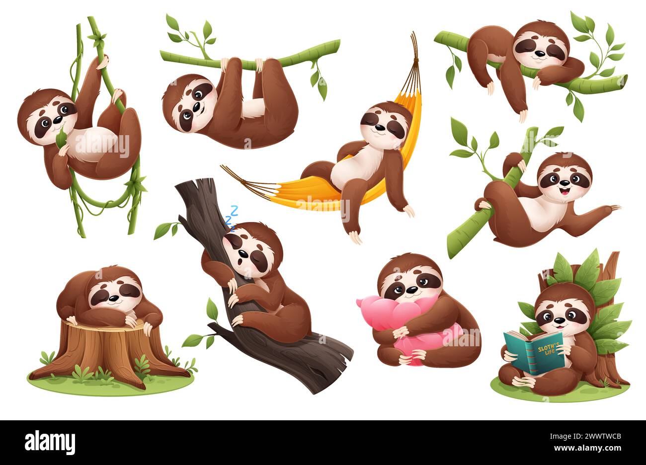 Cartoon cute lazy sloth animal characters sleeping, hanging and ...