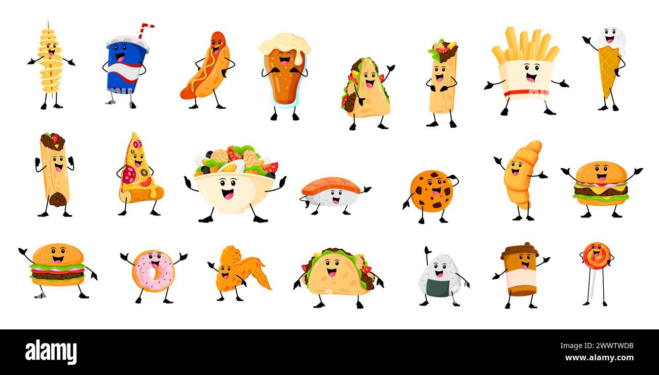 Cartoon cheerful funny takeaway fast food characters. Vector tornado ...