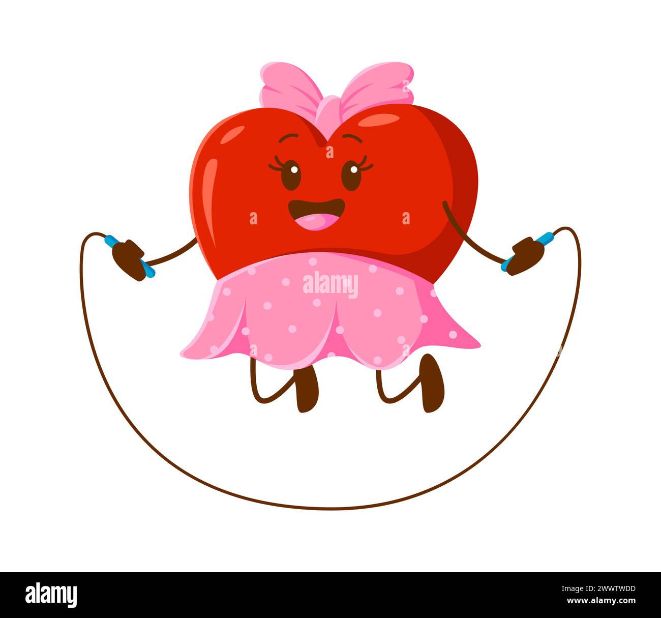 Cartoon girl heart character jumping with rope. Isolated vector cute ...