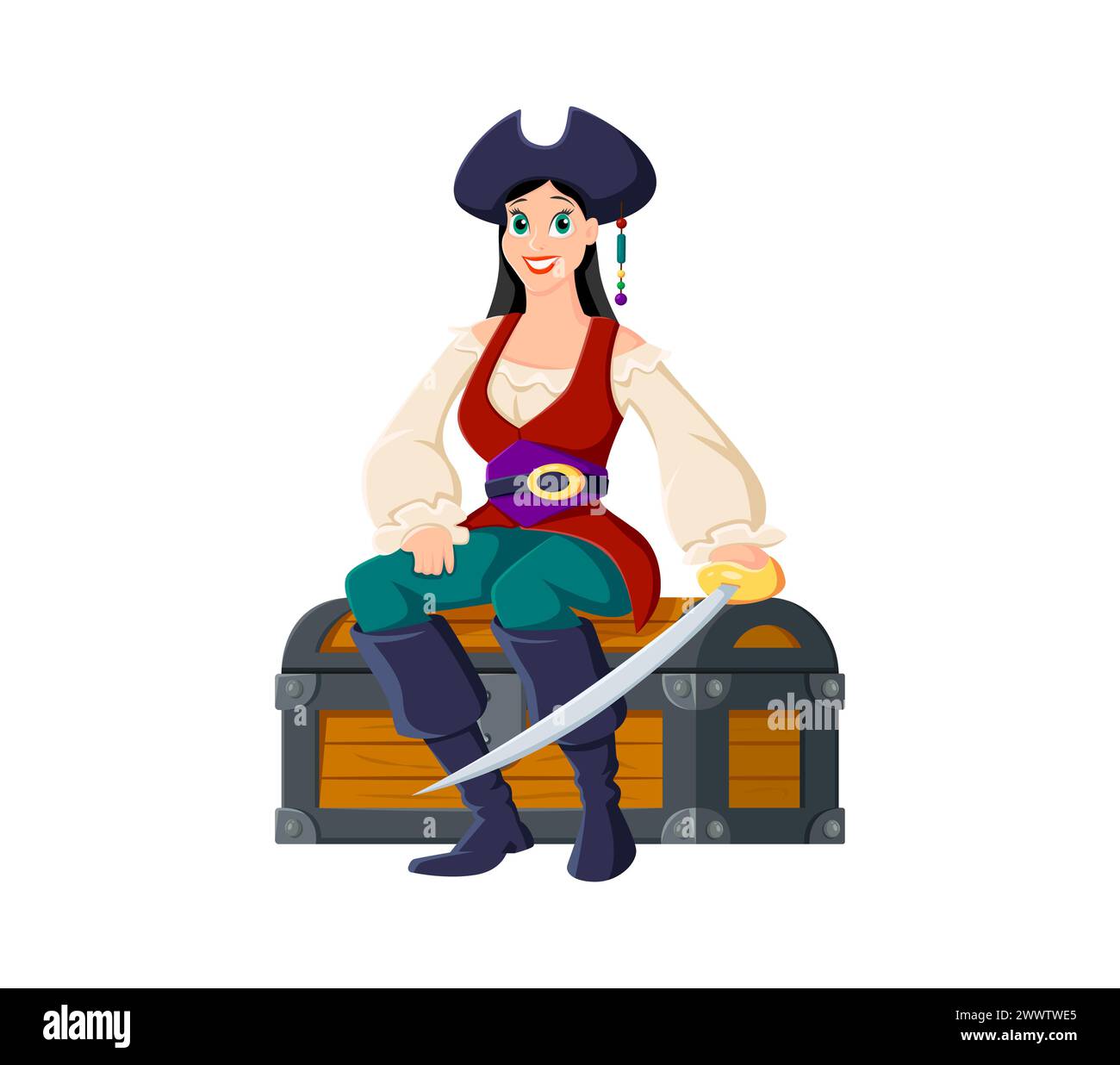 Cartoon woman pirate, sailor and skipper character, boatswain and captain. Fierce corsair or ...