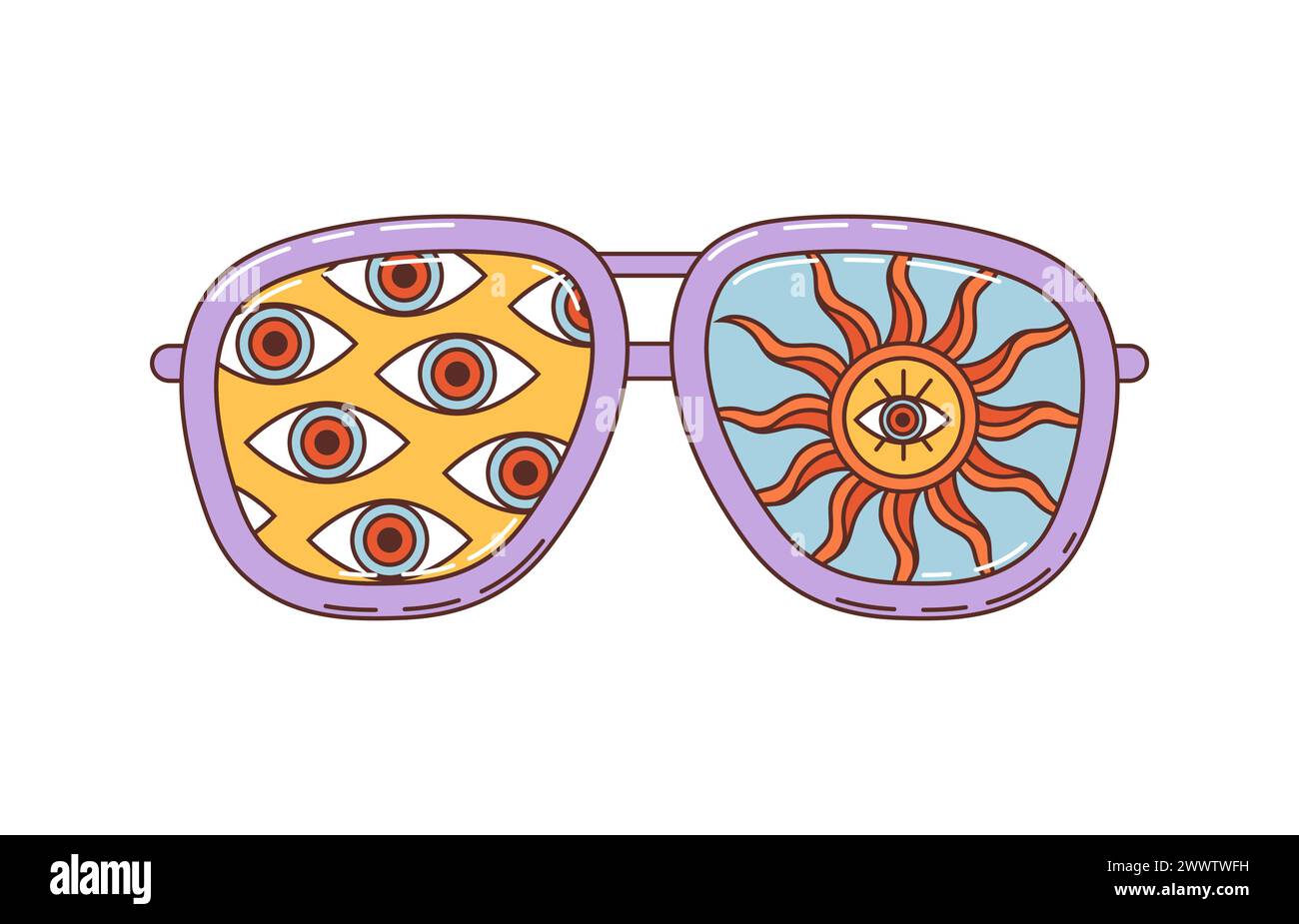 Sunglasses, groovy retro eyewear with psychedelic trippy eye and sun ...