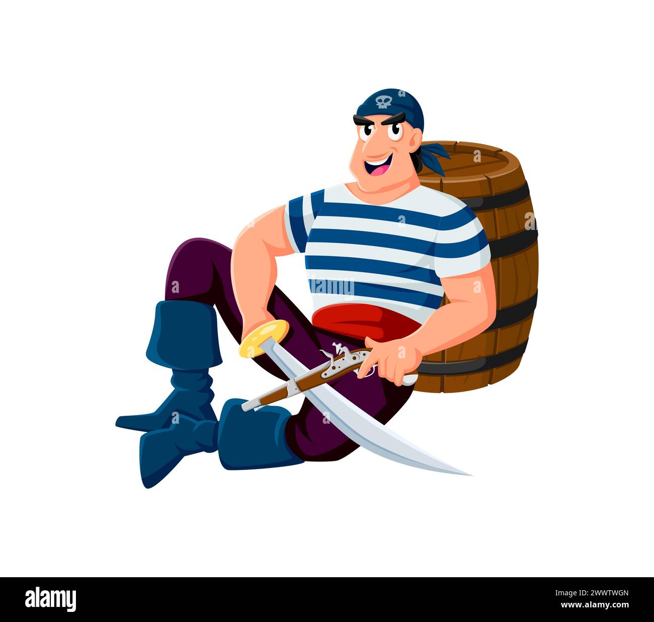 Cartoon sailor or pirate man with saber swords and rum barrel, vector character. Skipper ...