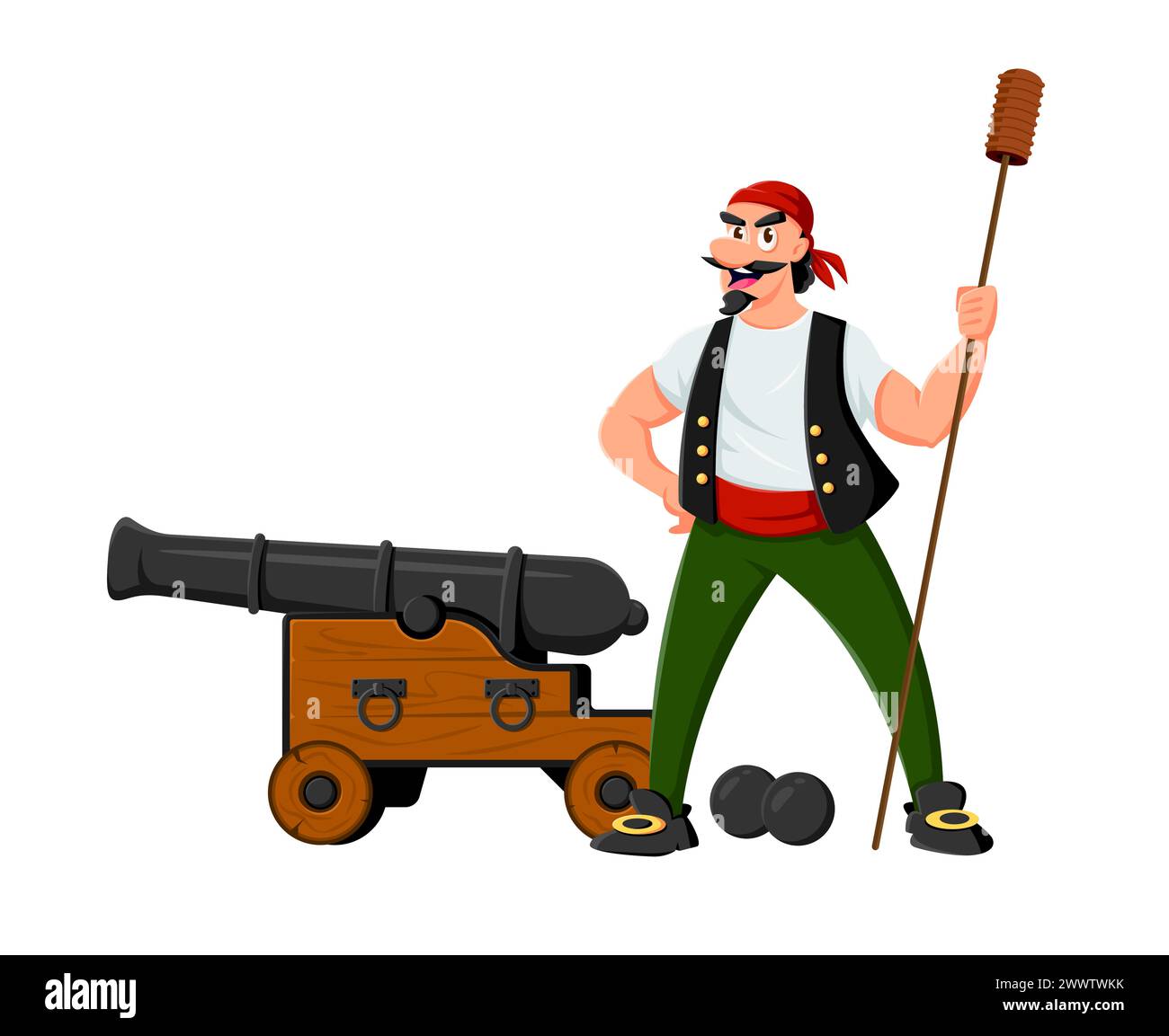 Cartoon pirate and corsair gunner character with cannon. Isolated vector swashbuckling sailor ...