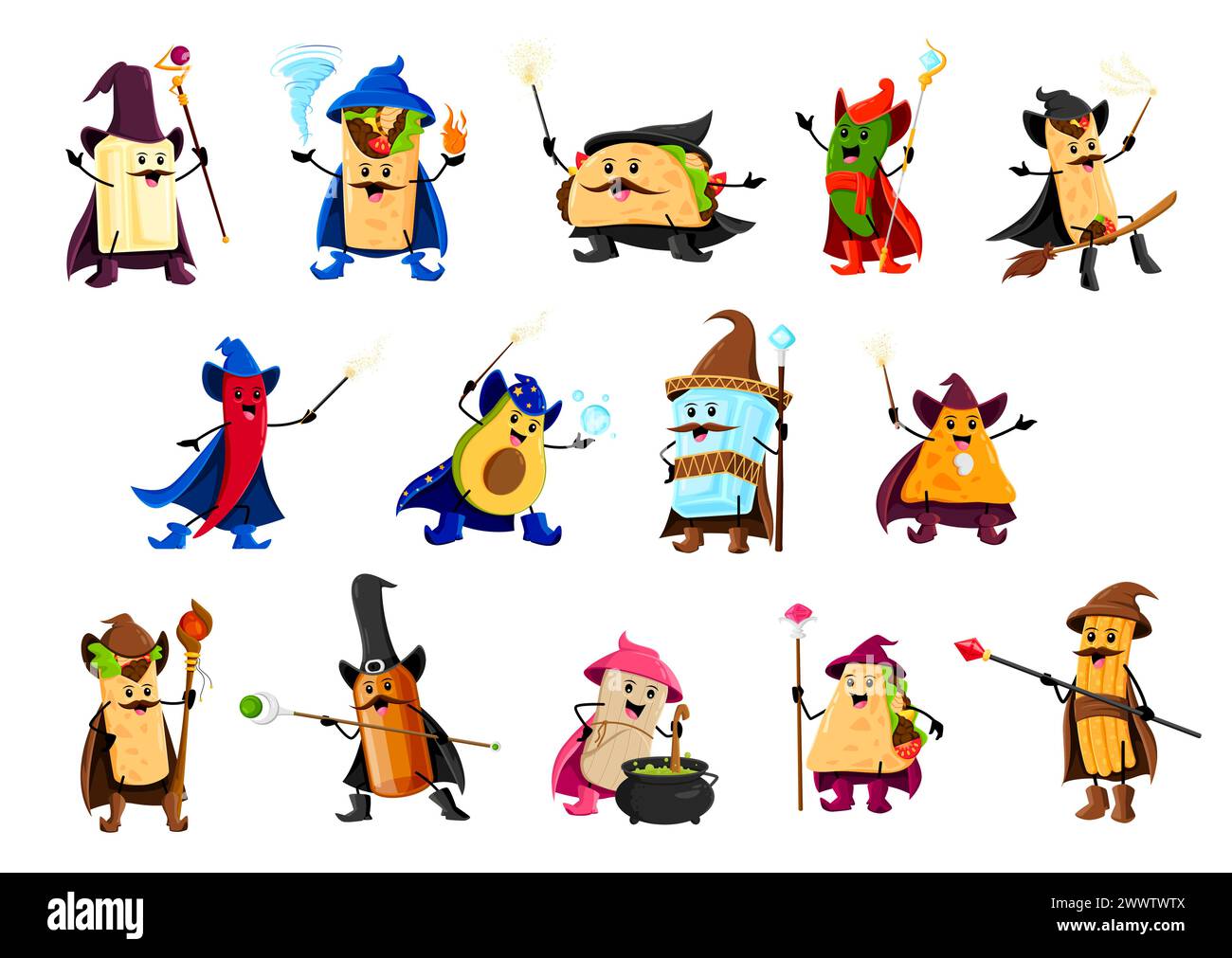 Cartoon Halloween tex mex food wizard and mage characters. Vector ...