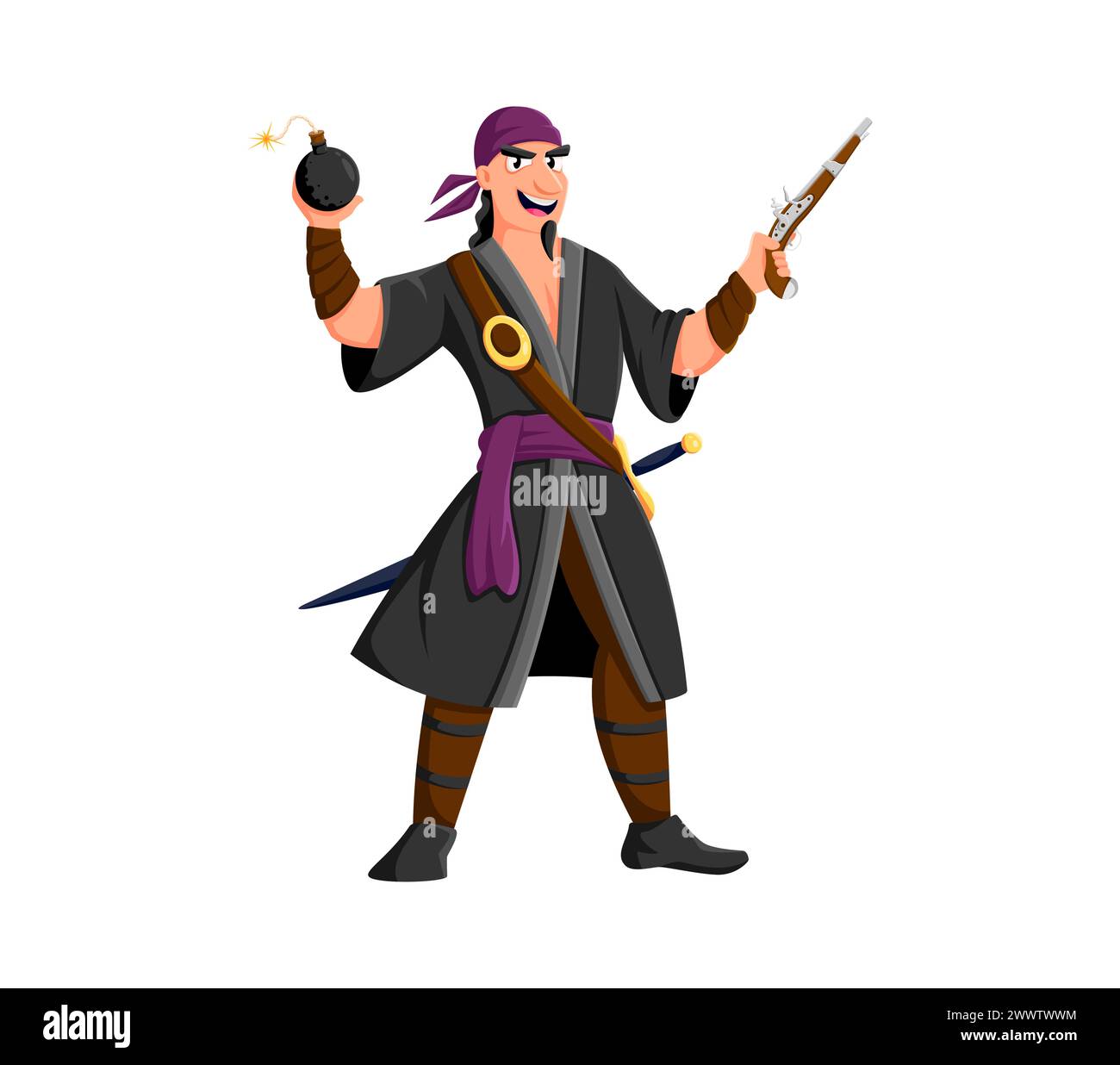 Cartoon sailor and skipper pirate character, boatswain and captain corsair or filibuster with a ...