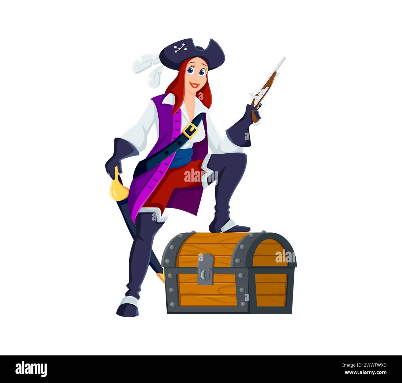 Cartoon woman pirate, armed with a saber and gun, valiantly defends her treasure trunk. Fierce ...