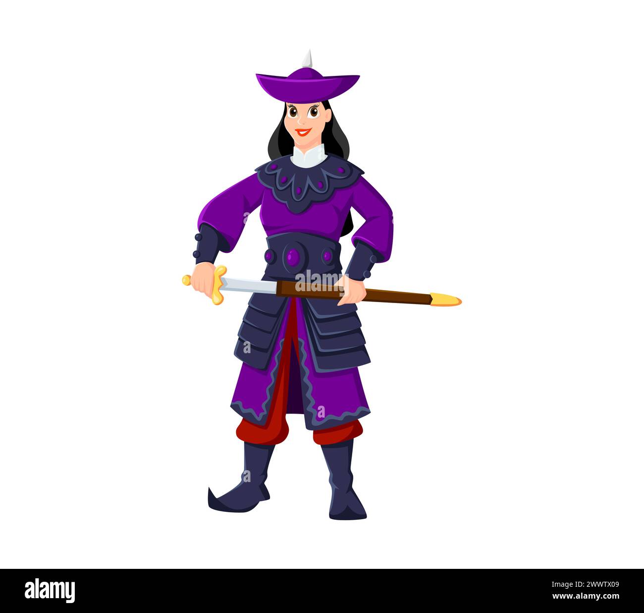 Cartoon woman pirate and corsair character. Isolated vector girl boatswain, captain or ...