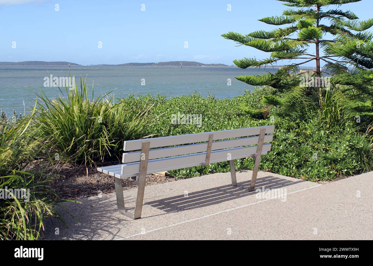 Bench seat in a park with trees and a footpath overlooking the ocean ...