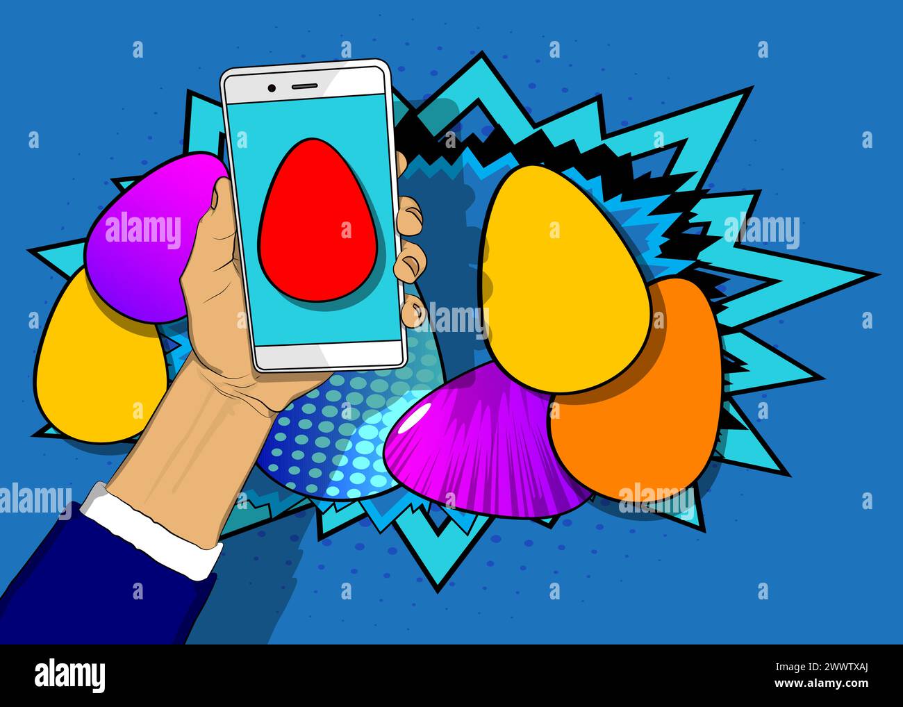 Cartoon Smartphone, comic book Telephone with Easter eggs. Retro vector ...