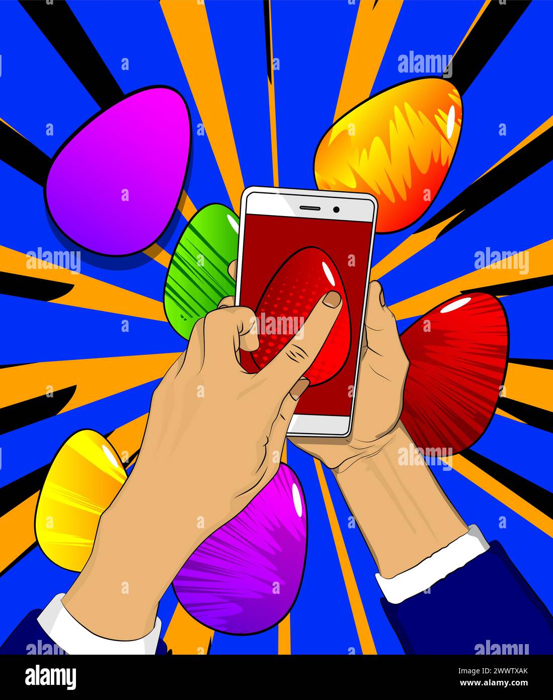 Cartoon Smartphone, comic book Telephone with Easter eggs. Retro vector ...