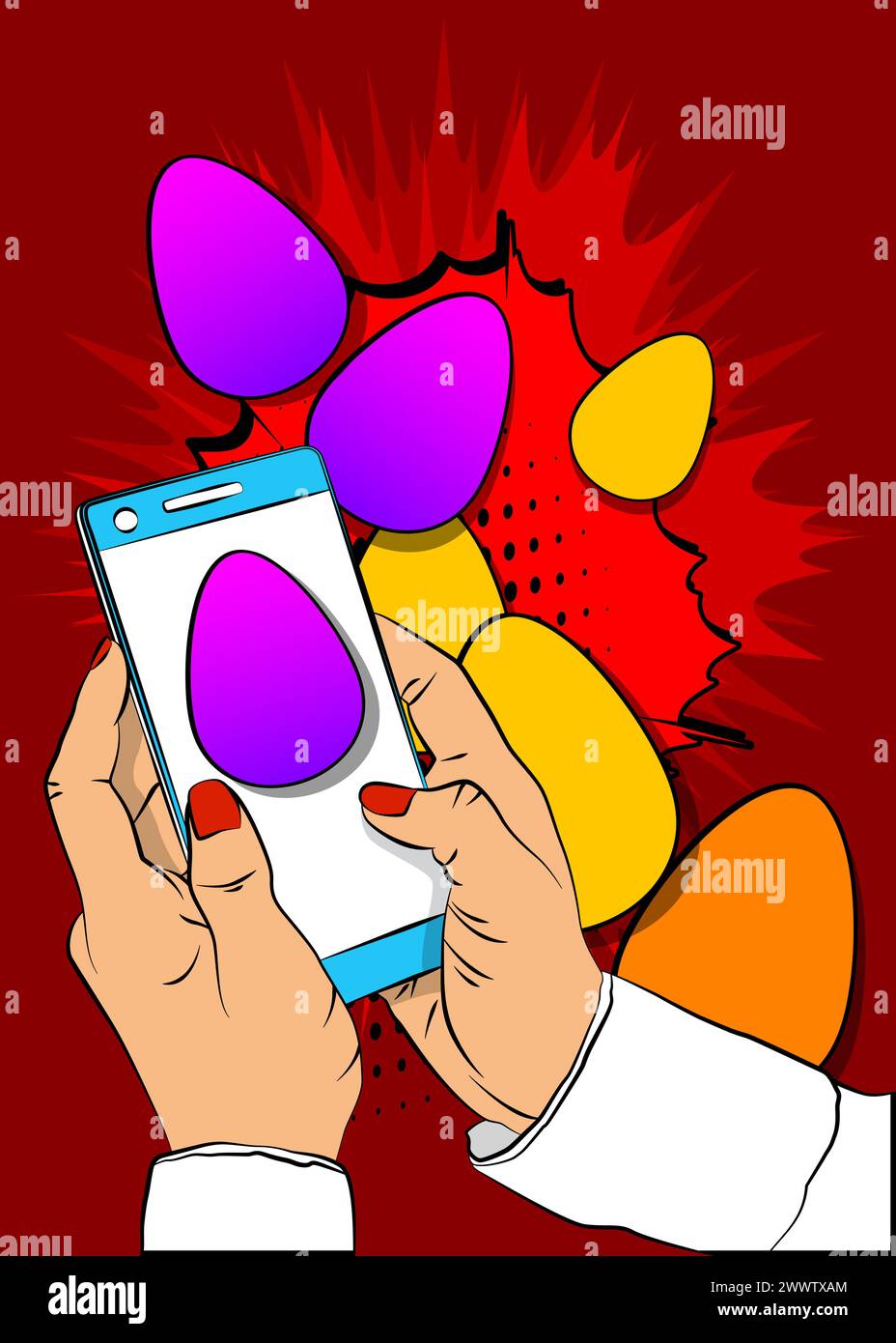 Cartoon Smartphone, comic book Telephone with Easter eggs. Retro vector ...