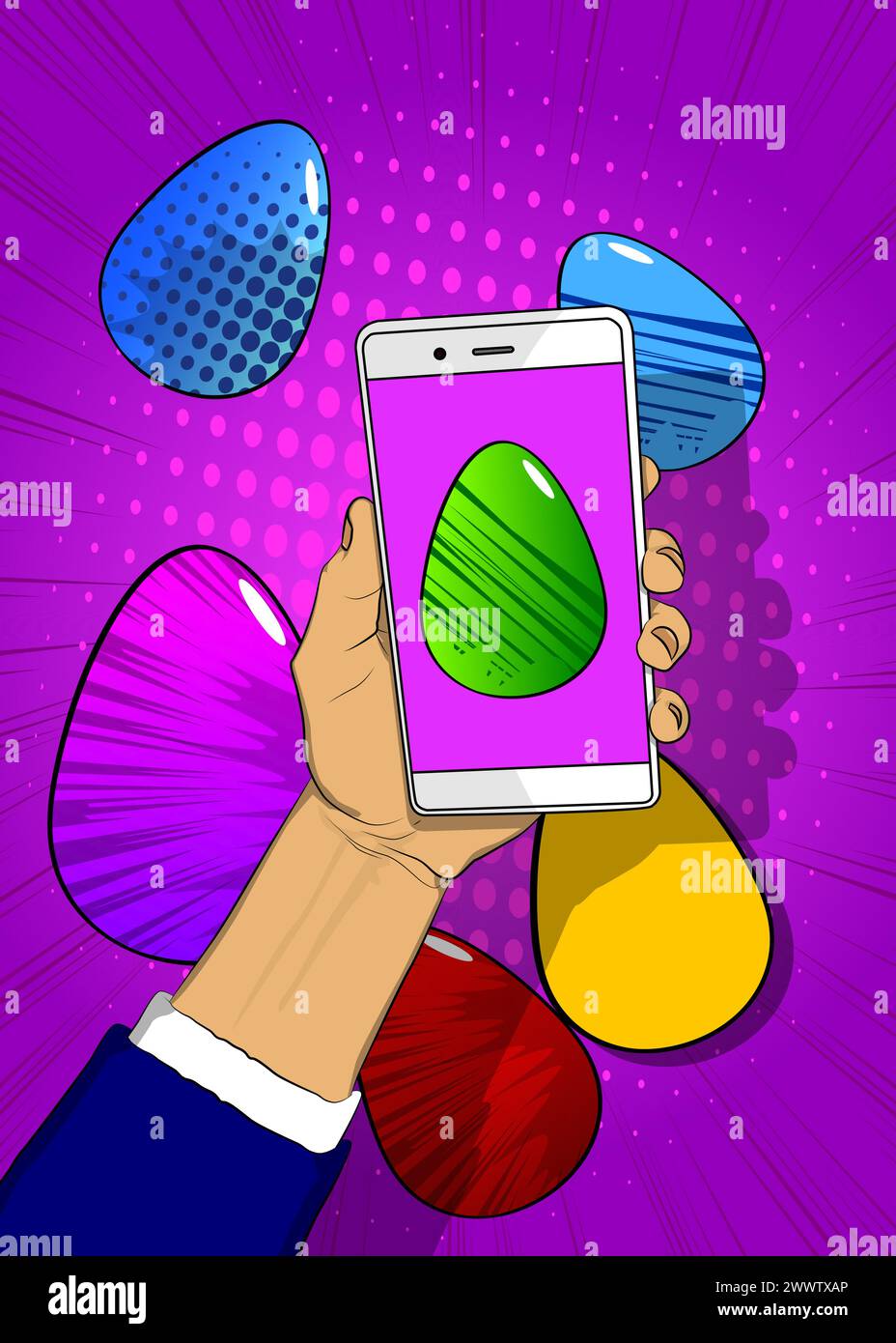 Cartoon Smartphone, comic book Telephone with Easter eggs. Retro vector ...