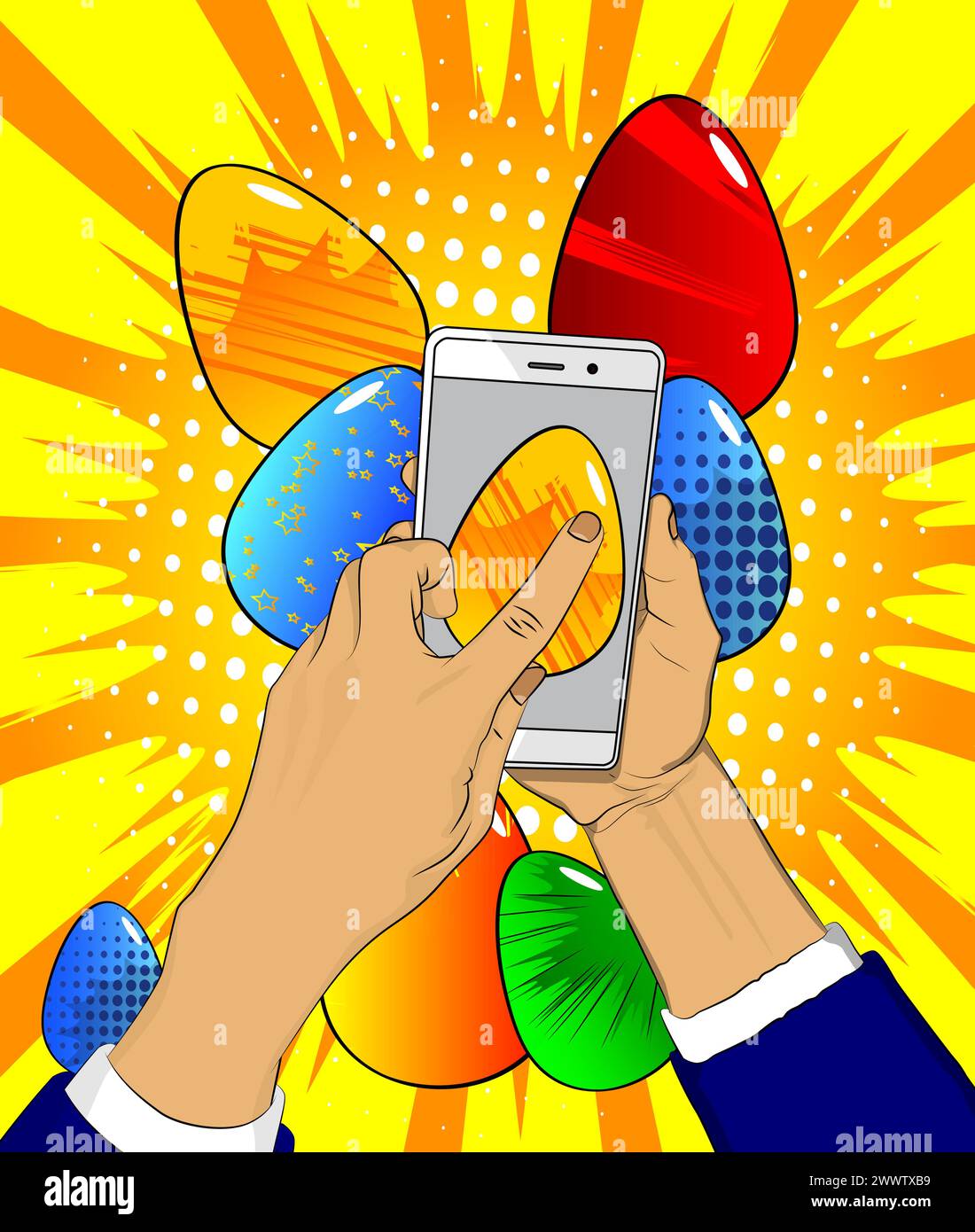 Cartoon Smartphone, comic book Telephone with Easter eggs. Retro vector ...